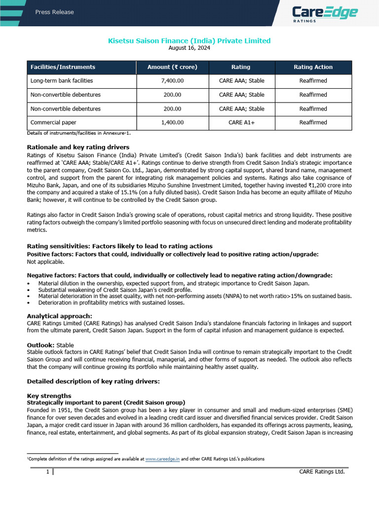 Credit Saison India Rating Reaffirmed | PDF | Loans | Credit