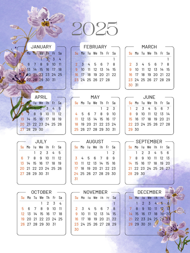 White and PURPLE Minimalist Watercolor 2025 Calendar A4 Document | PDF
