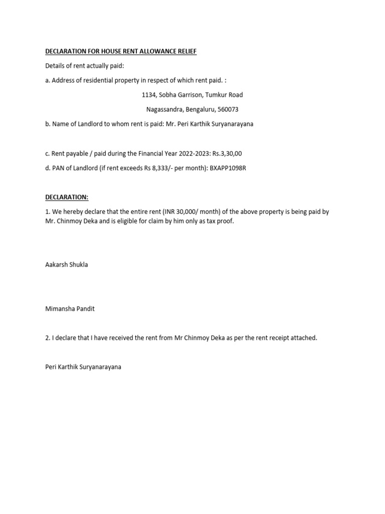 Declaration For House Rent Allowance Relief | PDF