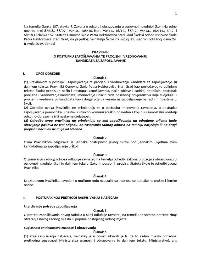 Pravilnik o Nacinu I Postupku Zaposljavanja.. | PDF