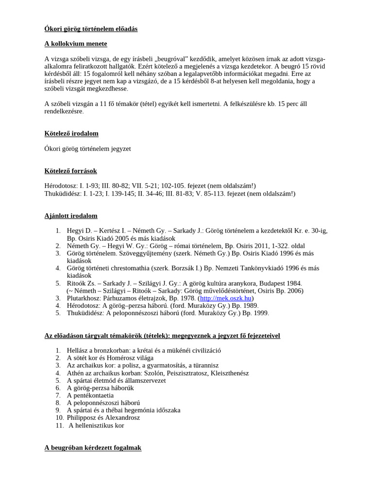 Gorog Tortenelem Kovetelmenyek | PDF