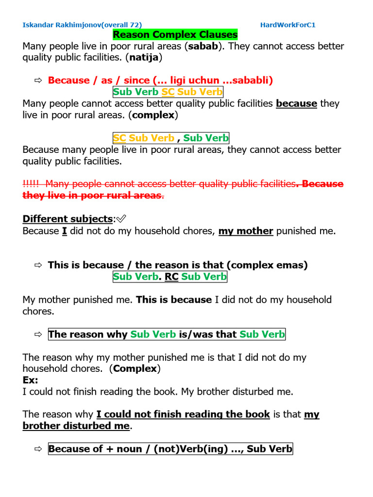 Reason Complex Sentences | PDF | Subject (Grammar) | Linguistics