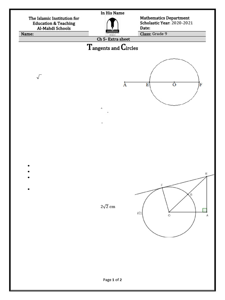 Gr9-En - Tangent and circles-WS-20-21 | PDF | Triangle | Perpendicular