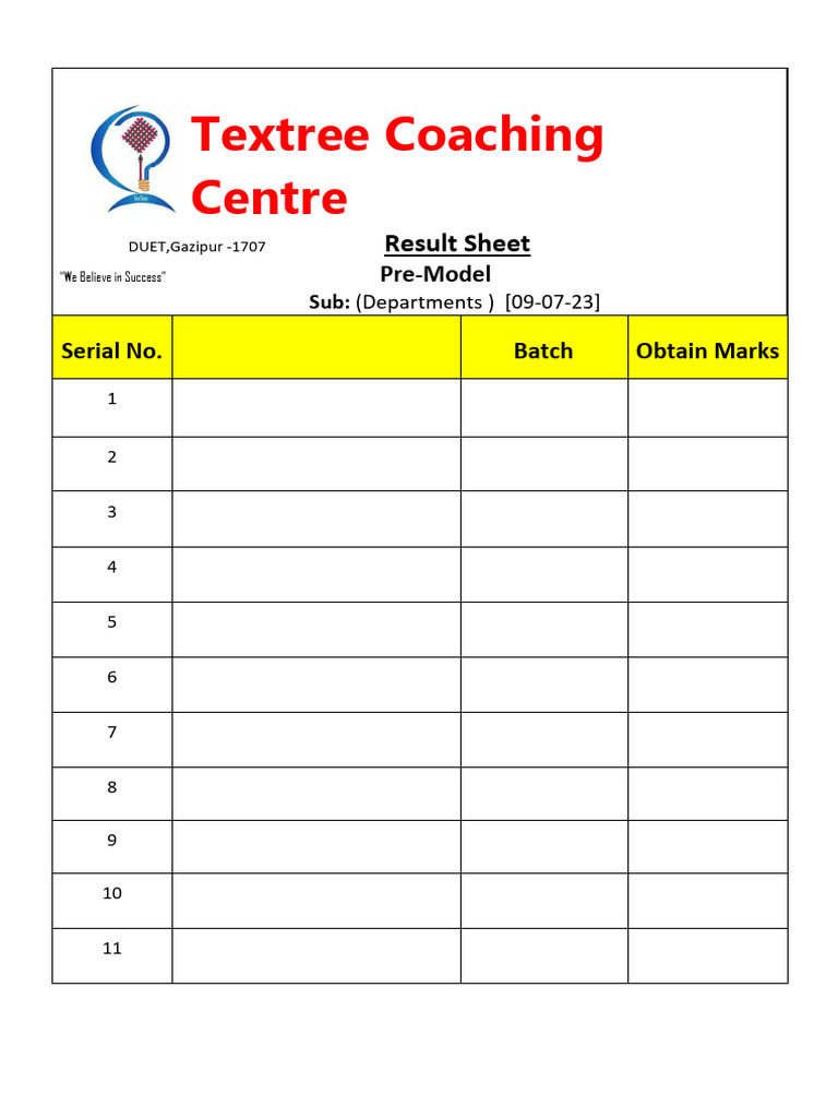 DUET Gazipur Pre-Model Result Sheet | PDF