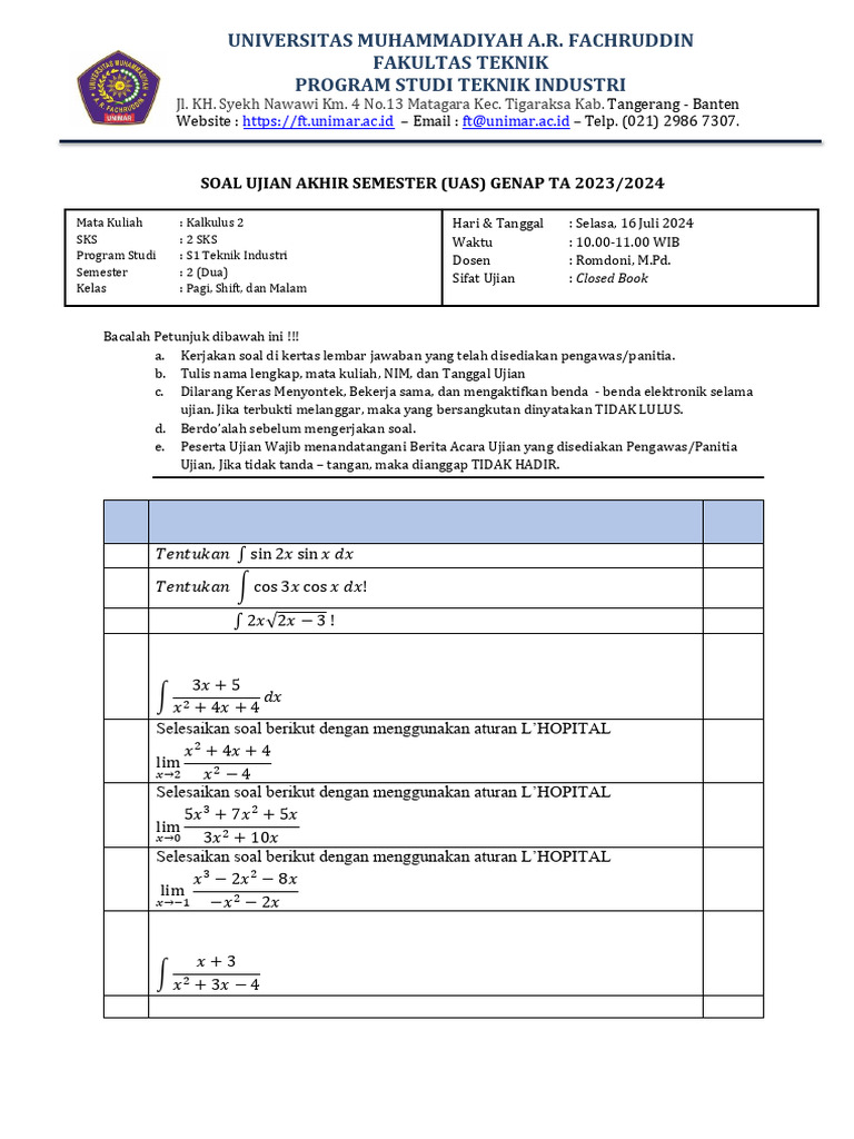 Soal UAS Kalkulus 2 Teknik Industri | PDF