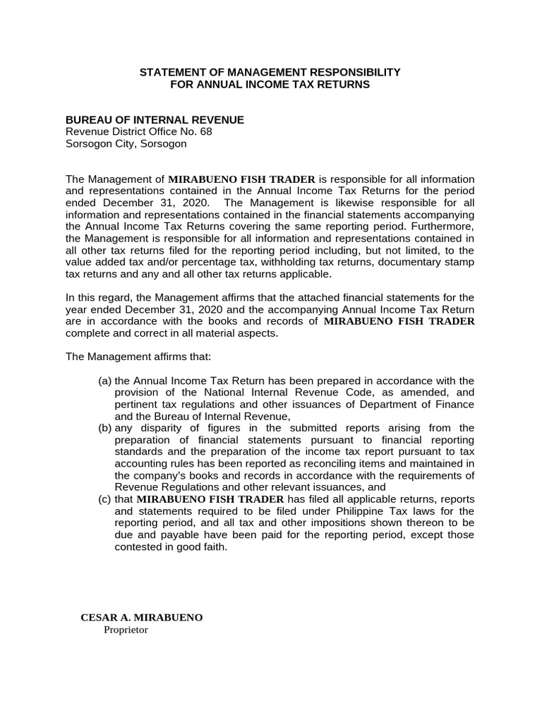Statement of Management Responsibility For Itr 2020 | PDF
