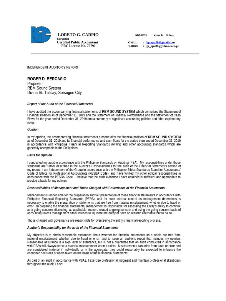 RBM Audit Report December 31, 2019 | PDF | Going Concern | Audit