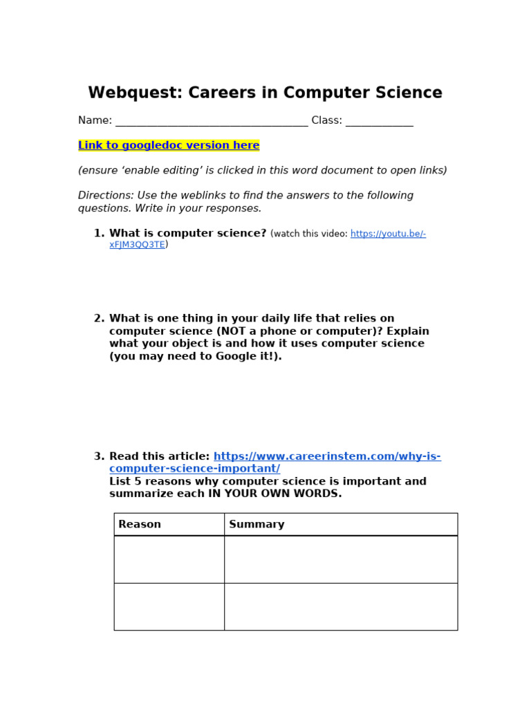 Webquest: Careers in Computer Science: Name: - Class | PDF | Computer ...
