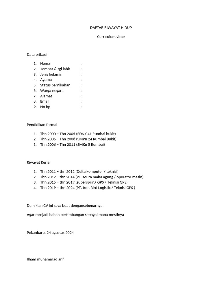 CV Ilham Muhammad Arif 2024 | PDF