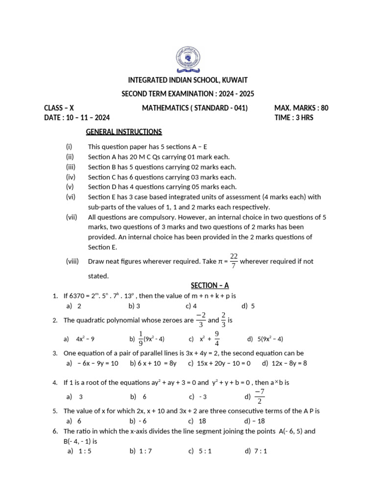 Second Term Exam Maths QN Paper For X - Standard - 2024 - 2025 | PDF | Circle | Mathematics