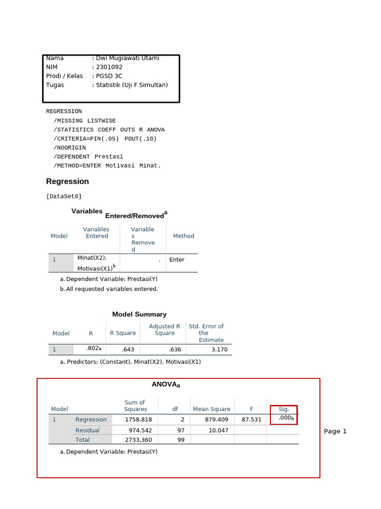 Regression: Nama: Dwi Mugiawati Utami NIM: 2301092 Prodi / Kelas: PGSD 3C Tugas: Statistik (Uji ...