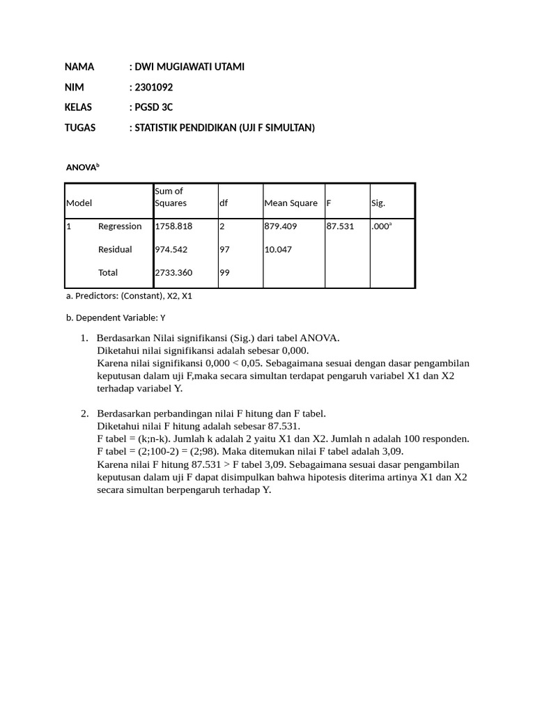 Analisis Uji F Simultan | PDF