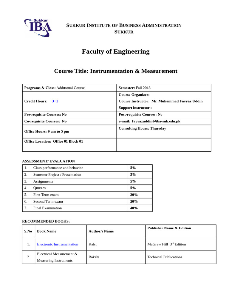 Course of Outline of Instrumentation and Measurement Fall 2018 | PDF ...
