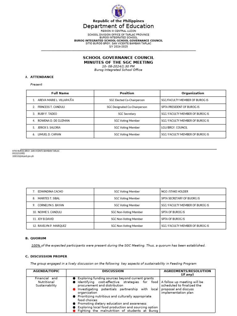 SGC Minutes of The Meeting Sustainable Feeding Program | PDF
