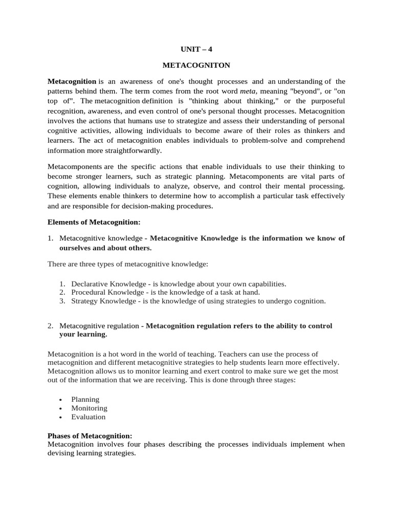UNIT- 4 Metacognition | PDF | Metacognition | Reading Comprehension