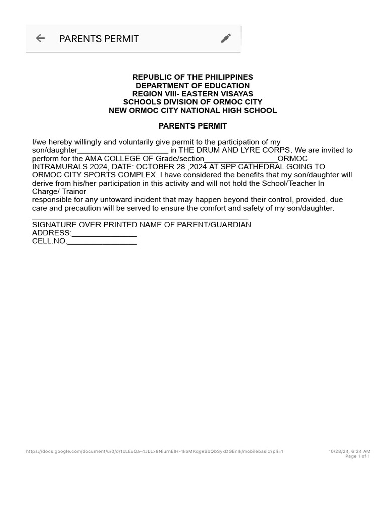 Parents Permit | PDF