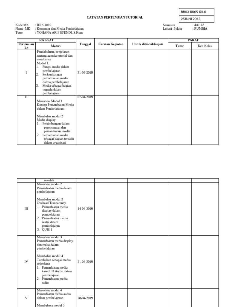 CATATAN PERTEMUAN TUTORIAL | PDF