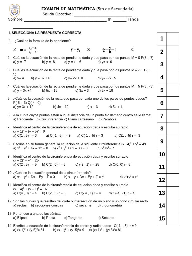 Examen p1 5to Matematica | PDF | Pendiente | Matemática Elemental