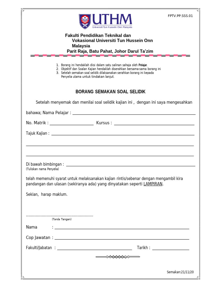 Borang Semakan Soal Selidik FPTV - PP.SSS.01 | PDF