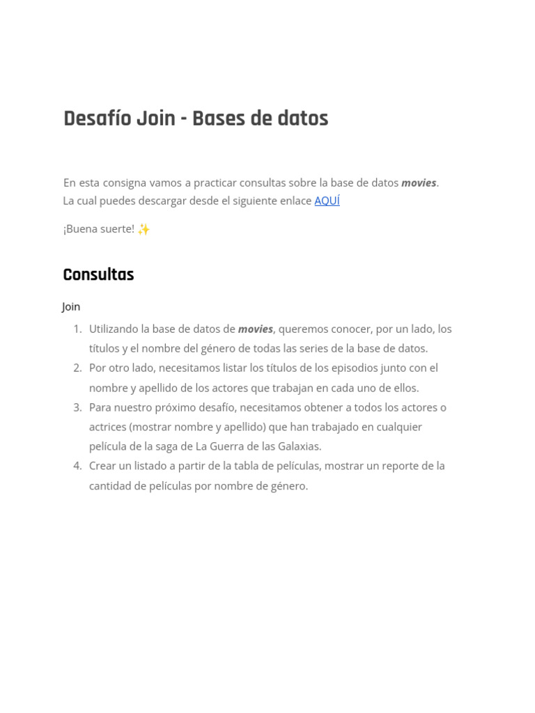 Desafío Join - Bases de Datos | PDF