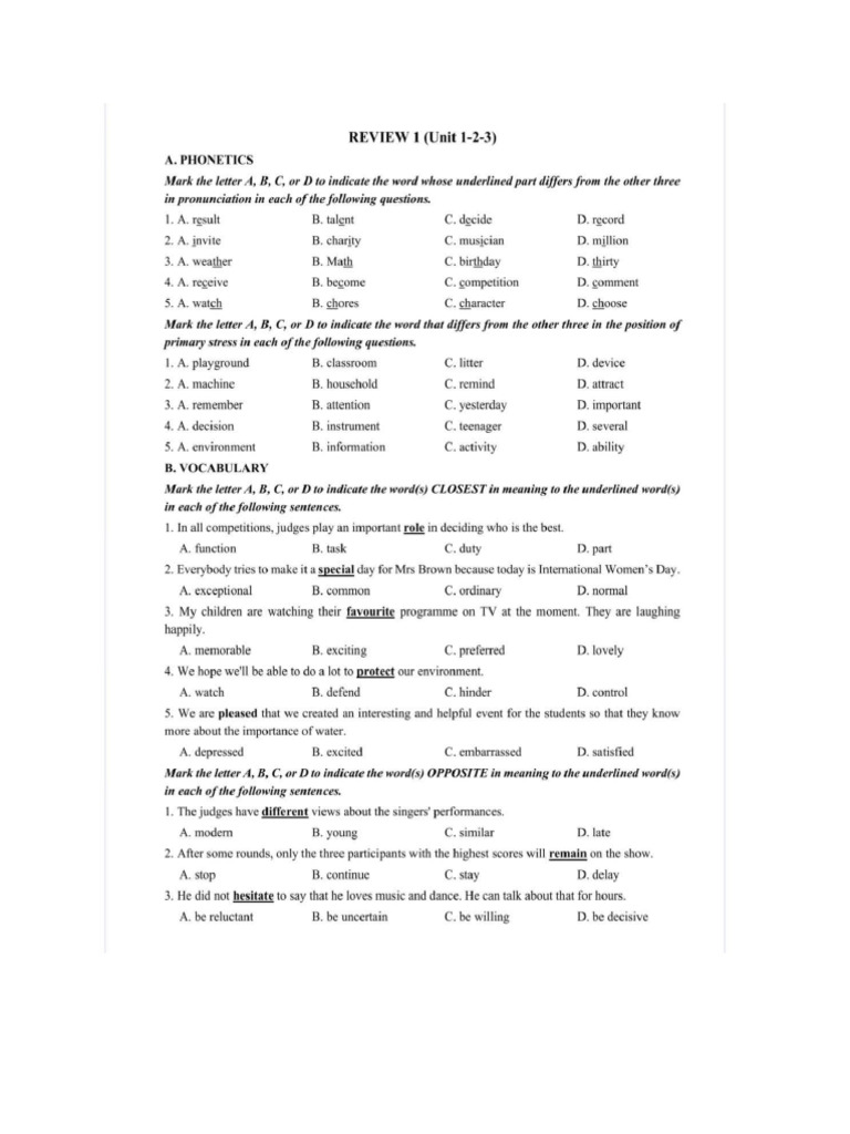 REVIEW UNIT 1,2,3 - Grade 10 | PDF