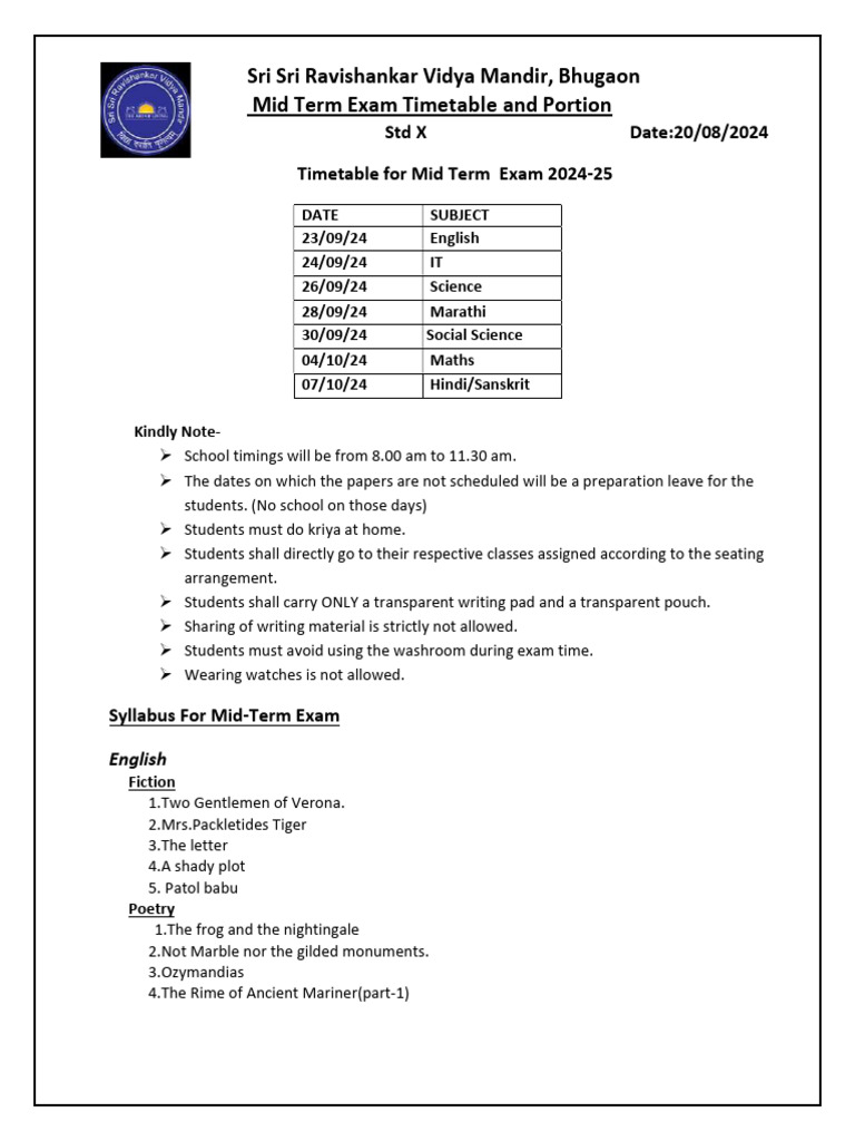 Mid Term Exam Portion & TT -2024-25.PDF New (2) | PDF | Equations