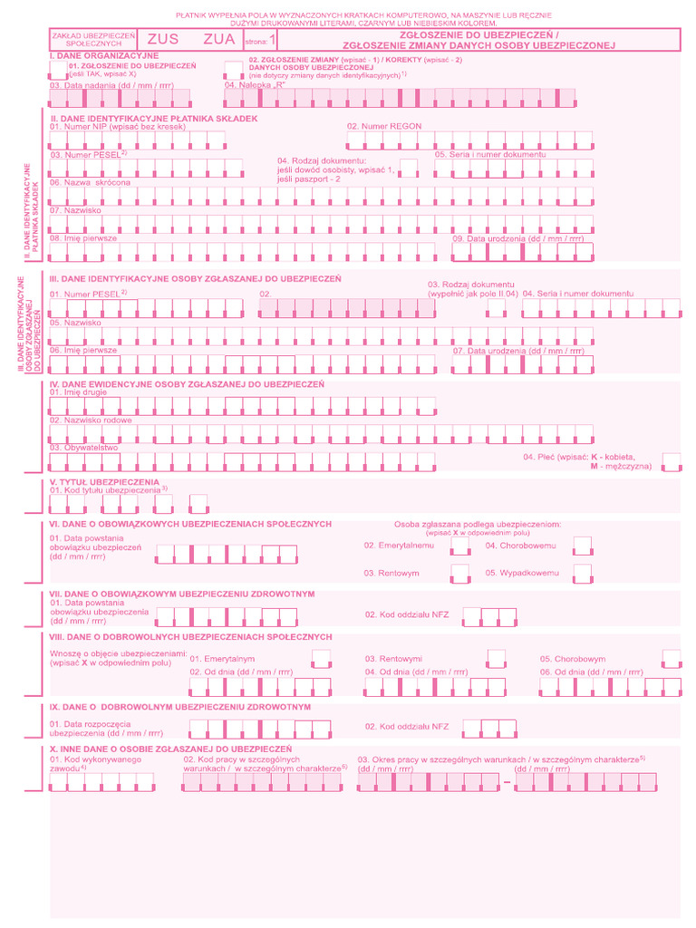 Zus Zua Zgloszenie Do Ubezpieczenzgloszenie Zmiany Danych Oso | PDF