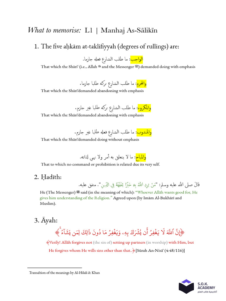 What To Memorise L1 Manhaj As-Sālikīn (Unicode Encoding Conflict) | PDF