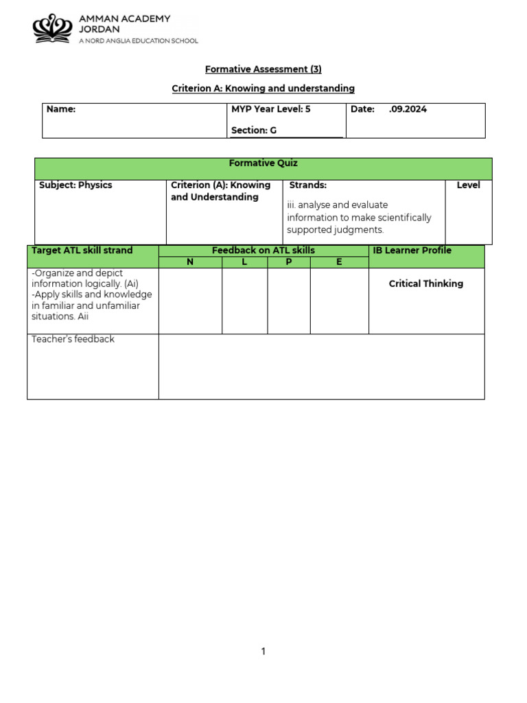 MYP 5 Physics Formative Assessment Guide | PDF | Heat | Physical Chemistry