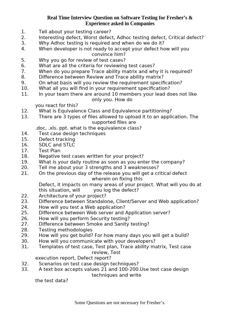 Real-Time Software Testing Interview Questions | PDF | Software Testing ...