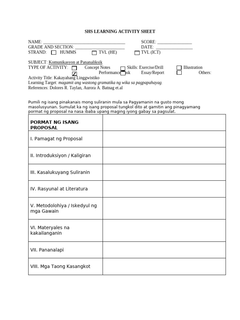 SHS Las Panukalang Proyekto FPL | PDF