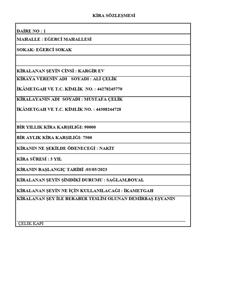 Kira Sozlesmesi Ornegi | PDF