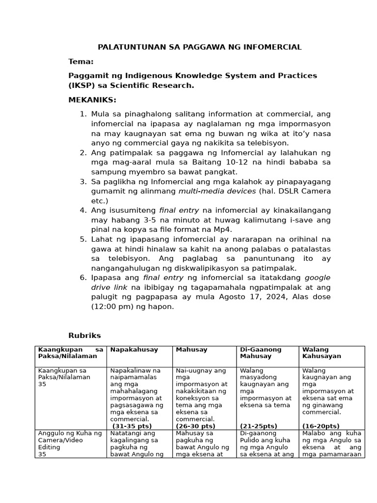 PALATUNTUNAN SA PAGGAWA NG INFOMERCIAL | PDF