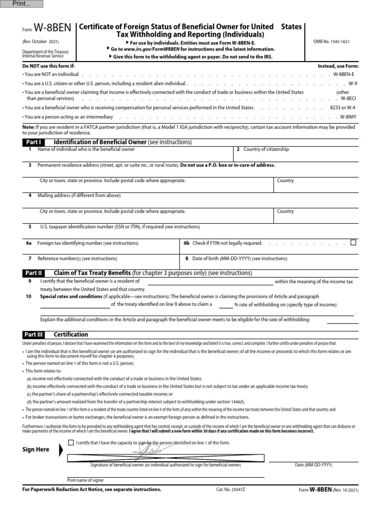 W-8 BEN Certificate Foreign Status | PDF | Taxation | Payments
