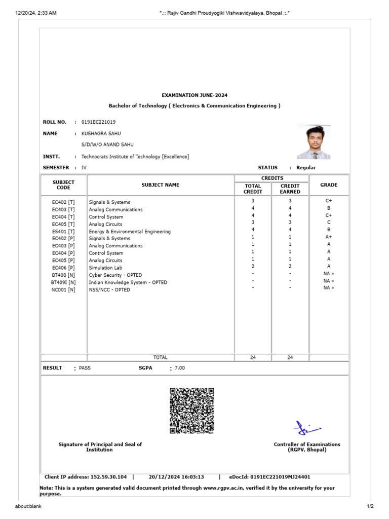 B.Tech ECE Semester IV Exam Results | PDF | Electronic Engineering | Electricity