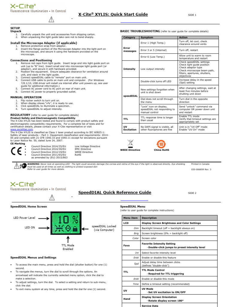 X-Cite XYLIS Quick Start Guide | PDF | Backlight | Menu (Computing)