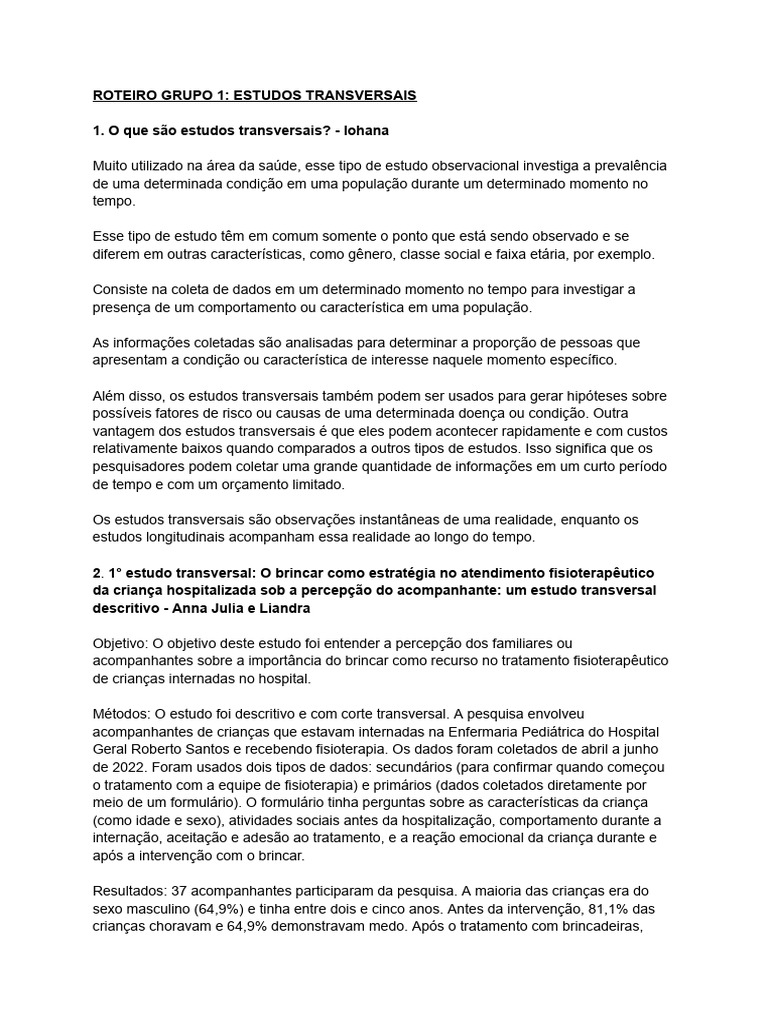 Roteiro Estudos Transversais | PDF | Fisioterapia | Tempo