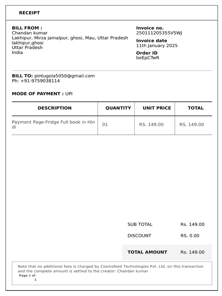Invoice for Hindi Fridge Book Purchase | PDF