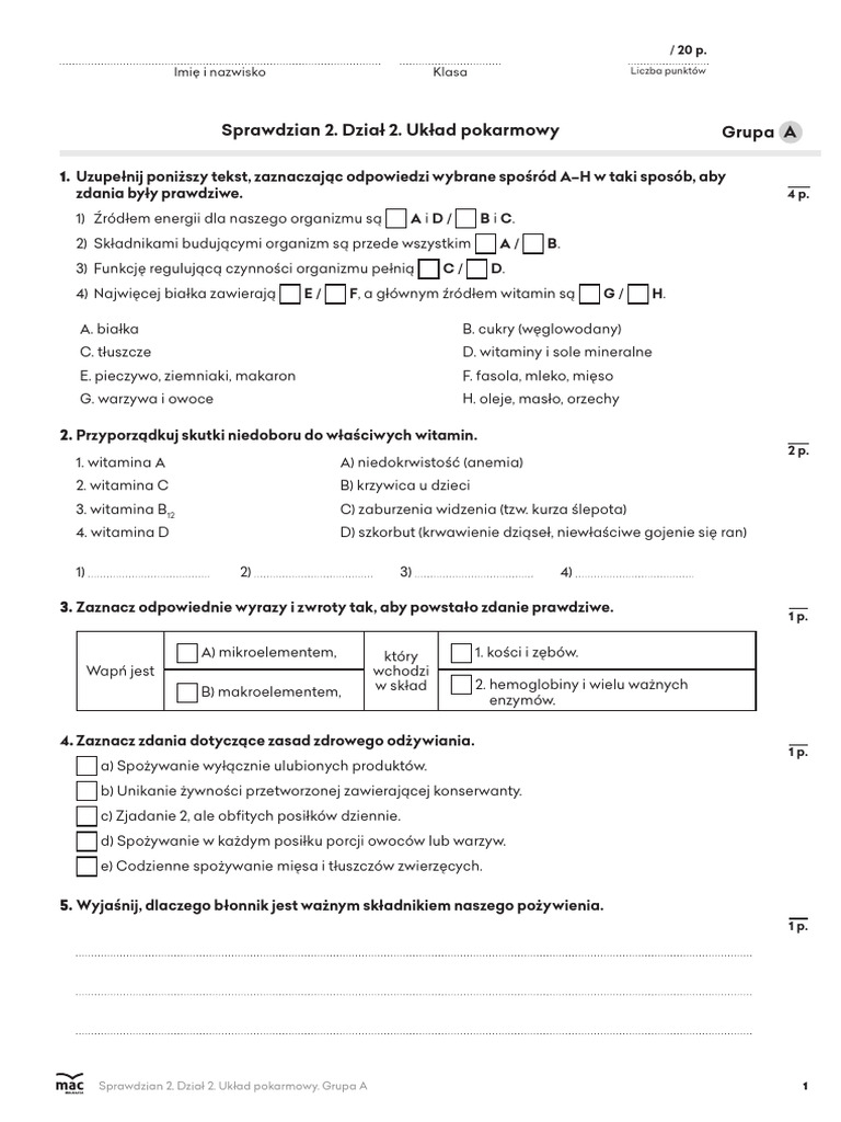 Sprawdzian kl7 Po Dziale II Biologia | PDF