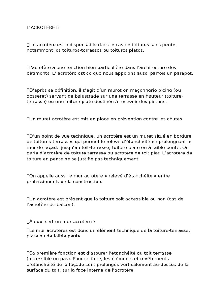 Acrotère : Fonction et Construction | PDF | Toit | Mur