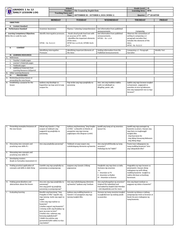 DLL - MTB 3 - Q2 - W1 | PDF