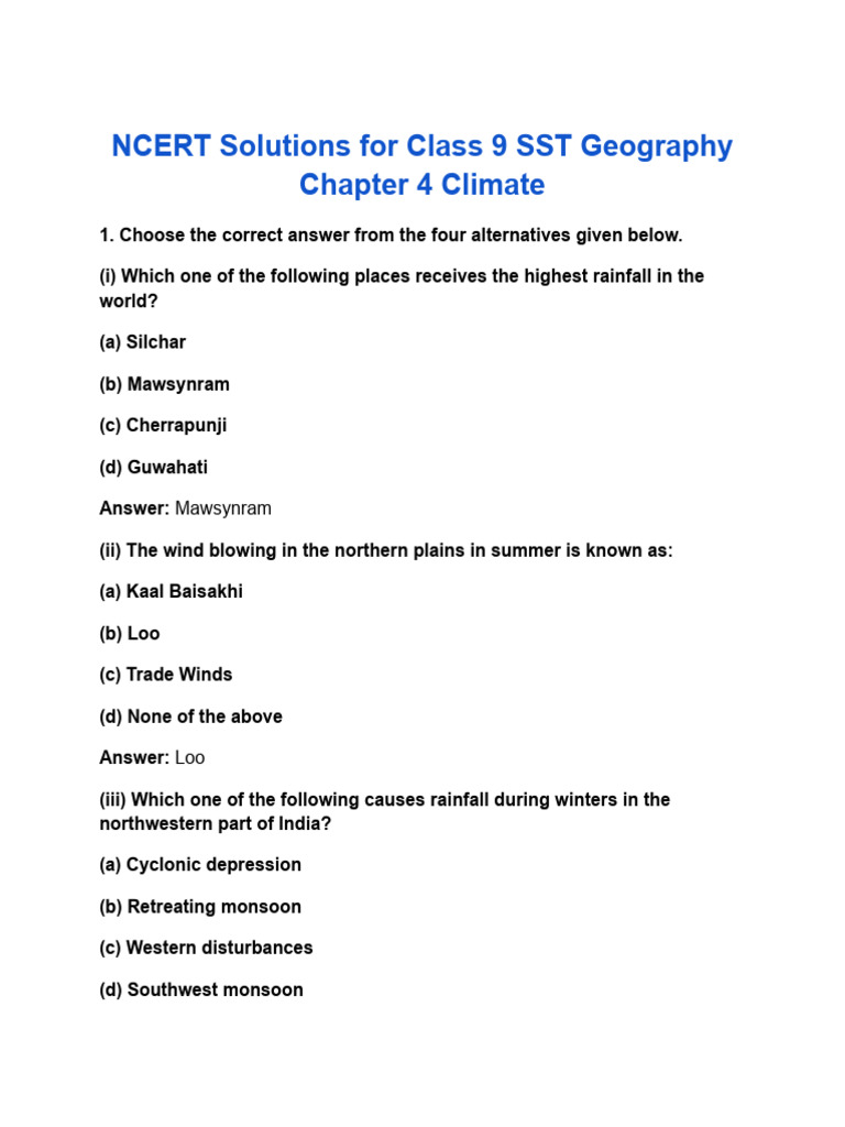 NCERT Solutions For Class 9 SST Geography Chapter 4 Climate | PDF ...