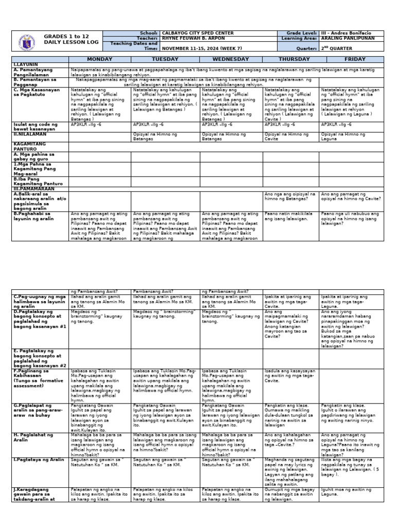 DLL - Araling Panlipunan 3 - Q2 - W7 | PDF