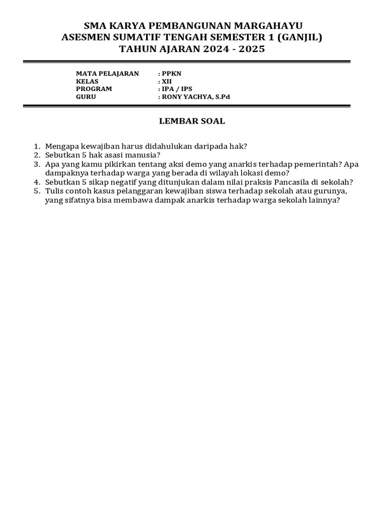 Soal PPKN Asts Kelas Xii 2024 | PDF