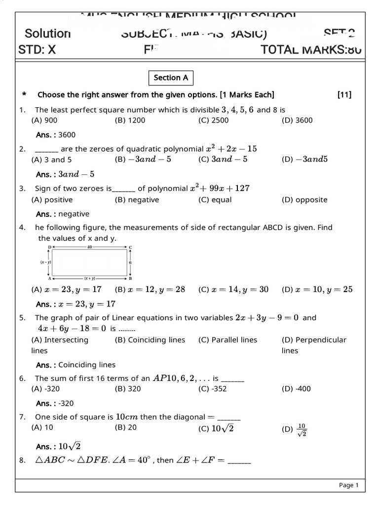 10th maths basic set- 2_solution | PDF | Factorization | Quadratic Equation