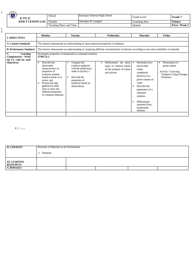 DLL Science 7 q1 Week 2docx | PDF | Mixture | Phases Of Matter