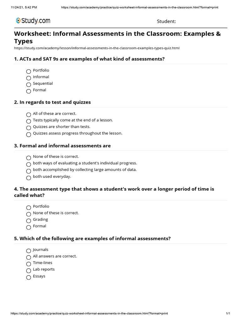 Quiz Worksheet Informal Assessments in The Classroom | PDF