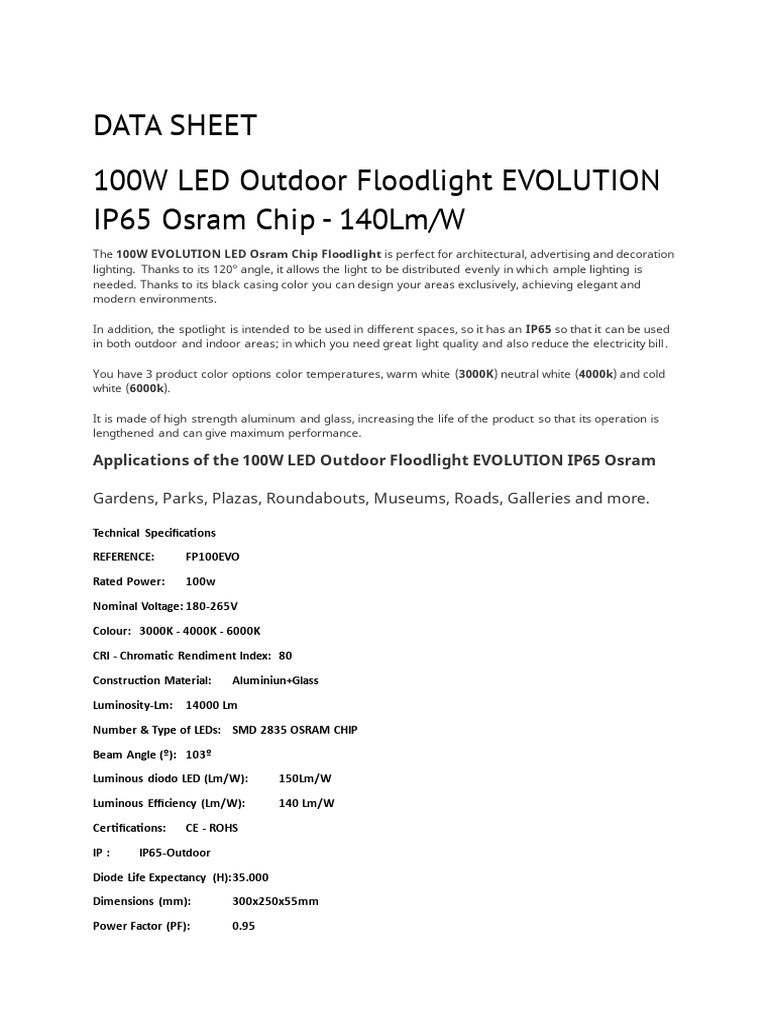 100w Evoluton Floodlight Data Sheet | PDF