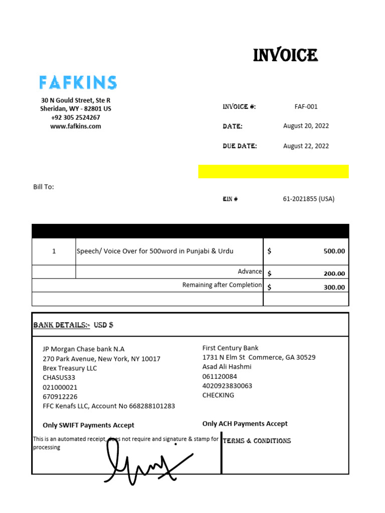 Invoice for Voice Over Services | PDF