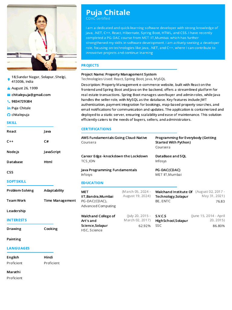 Resume Chitalepuja Puja-Chitale 1727856125 | PDF | My Sql | Databases